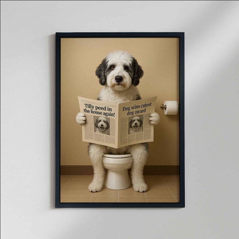 Sheepadoodle Bathroom Art Print | Dog in the Toilet | Dog Reading ...