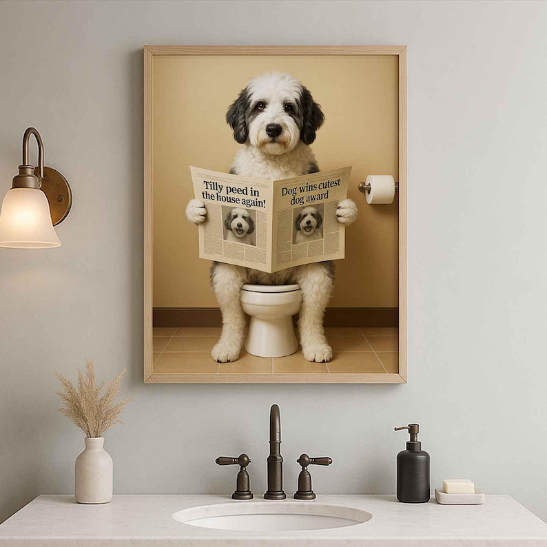 Sheepadoodle Bathroom Art Print | Dog in the Toilet | Dog Reading ...