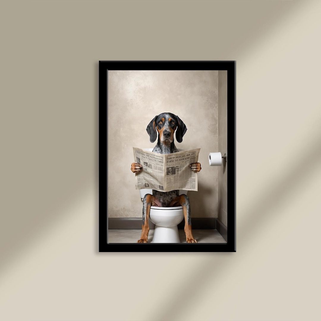 Bluetick Coonhound Art Print Decor, Funny Bluetick Coonhound on Toilet ...