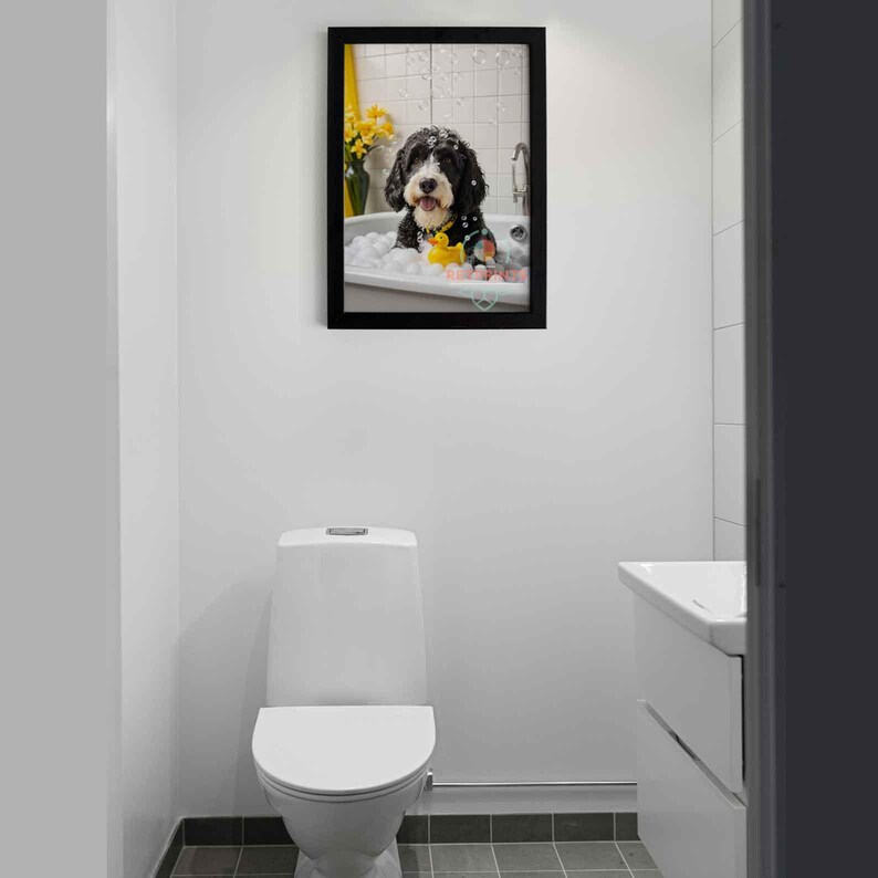 Funny Sheepadoodle Bathroom Art Print ,cute Dog in Bathtub With Rubber ...