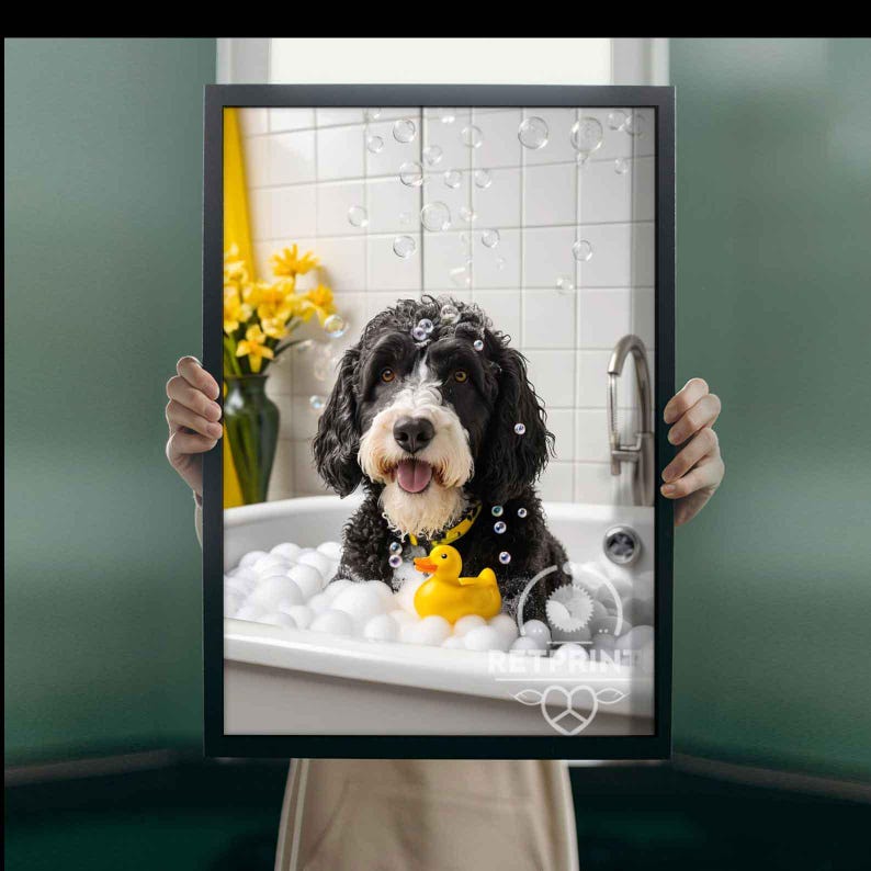 Funny Sheepadoodle Bathroom Art Print ,cute Dog in Bathtub With Rubber ...