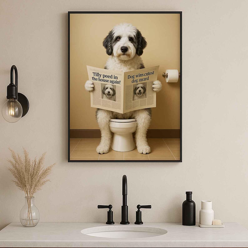 Sheepadoodle Bathroom Art Print | Dog in the Toilet | Dog Reading ...