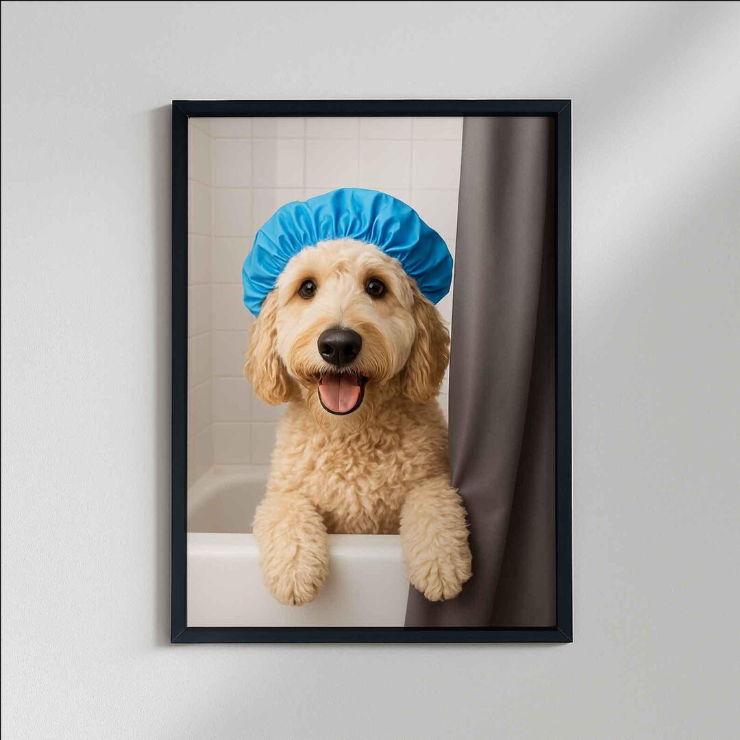 Funny Poodle in Shower Cap Art Print: Quirky Bathroom Poster - Etsy