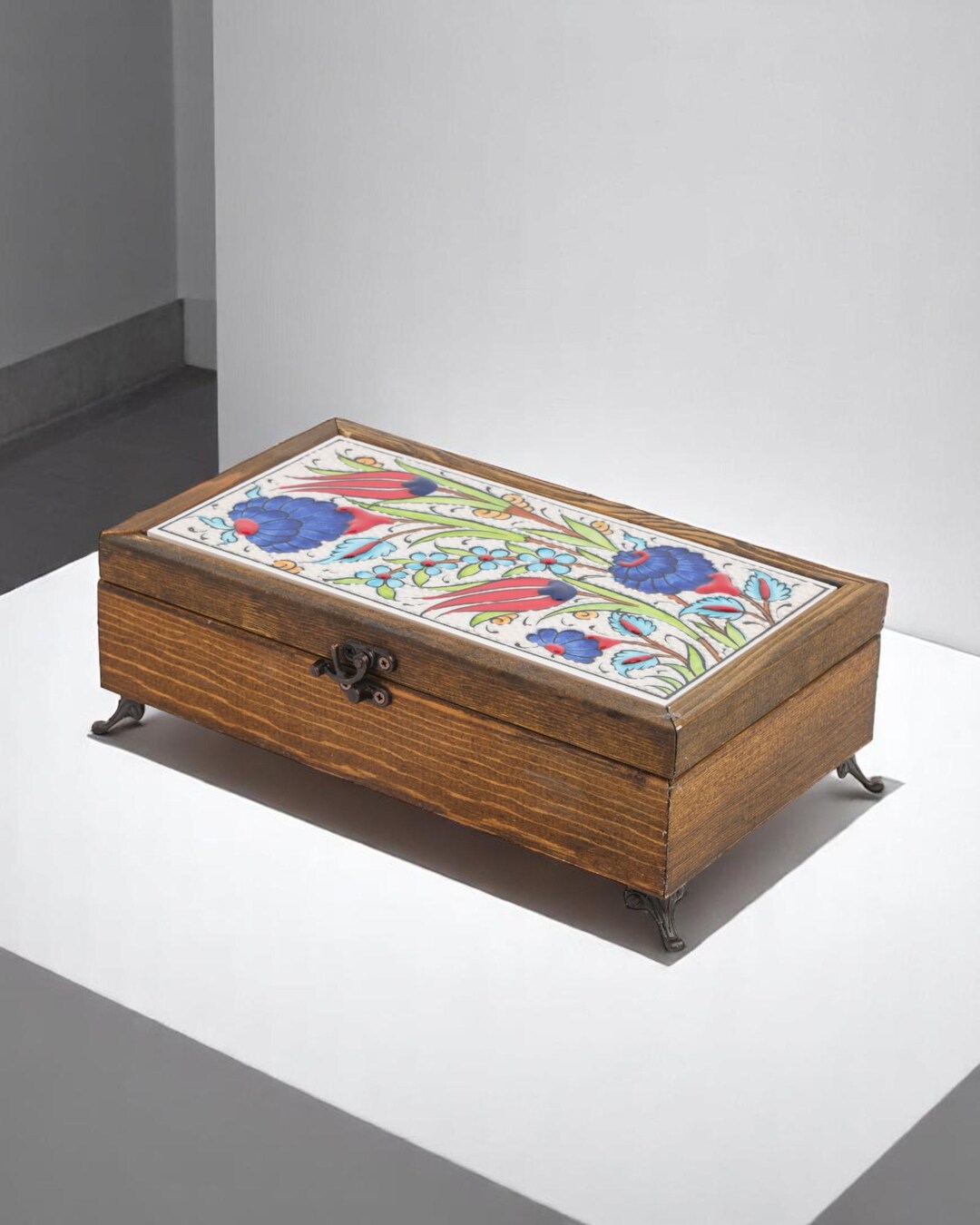 Turkish Ceramic Tile Box, Handmade Wooden Jewelry Box, Floral Art ...