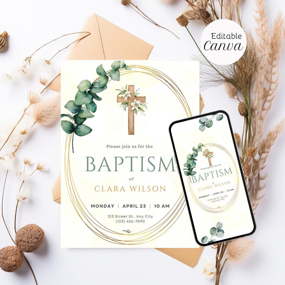 Electronic Baptism Invitation Template, Greenery Baptism Invite ...