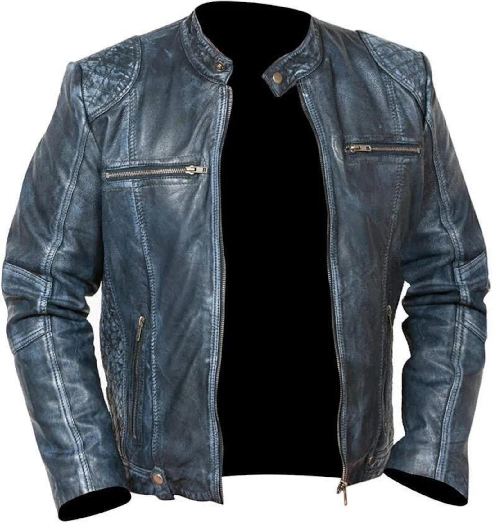 Retro Cafe Racer Blue Biker Jacket Men’s Handmade Distressed Real ...