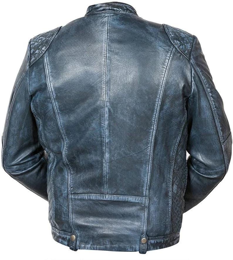 Retro Cafe Racer Blue Biker Jacket Men’s Handmade Distressed Real ...