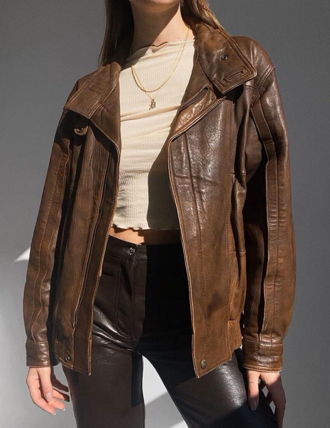 90s Oversized Military Boxy Biker Vintage Style Leather Jacket Handmade ...