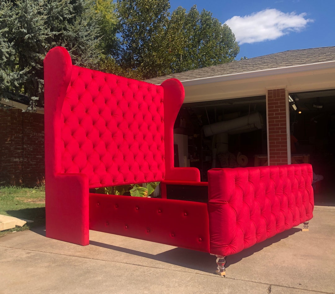 Tall Tufted Velvet Bed Frame: Custom Wingback Headboard With Rhinestone ...