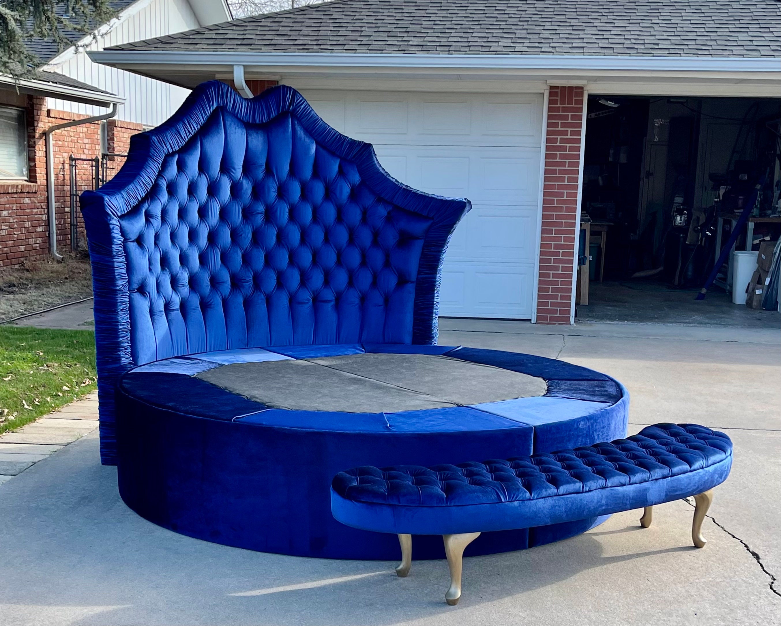 Round Velvet Bed Frame: Tufted Platform With Bench, Custom Made - Etsy