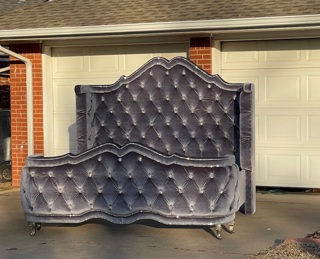 Custom French Velvet Bed Frame: Tall Tufted Headboard With Crystal ...