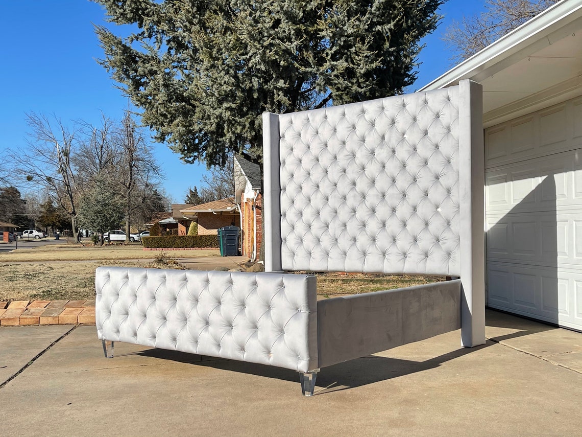 Custom Velvet Bed Frame: Tufted Wingback Headboard, Lucite Legs - Etsy