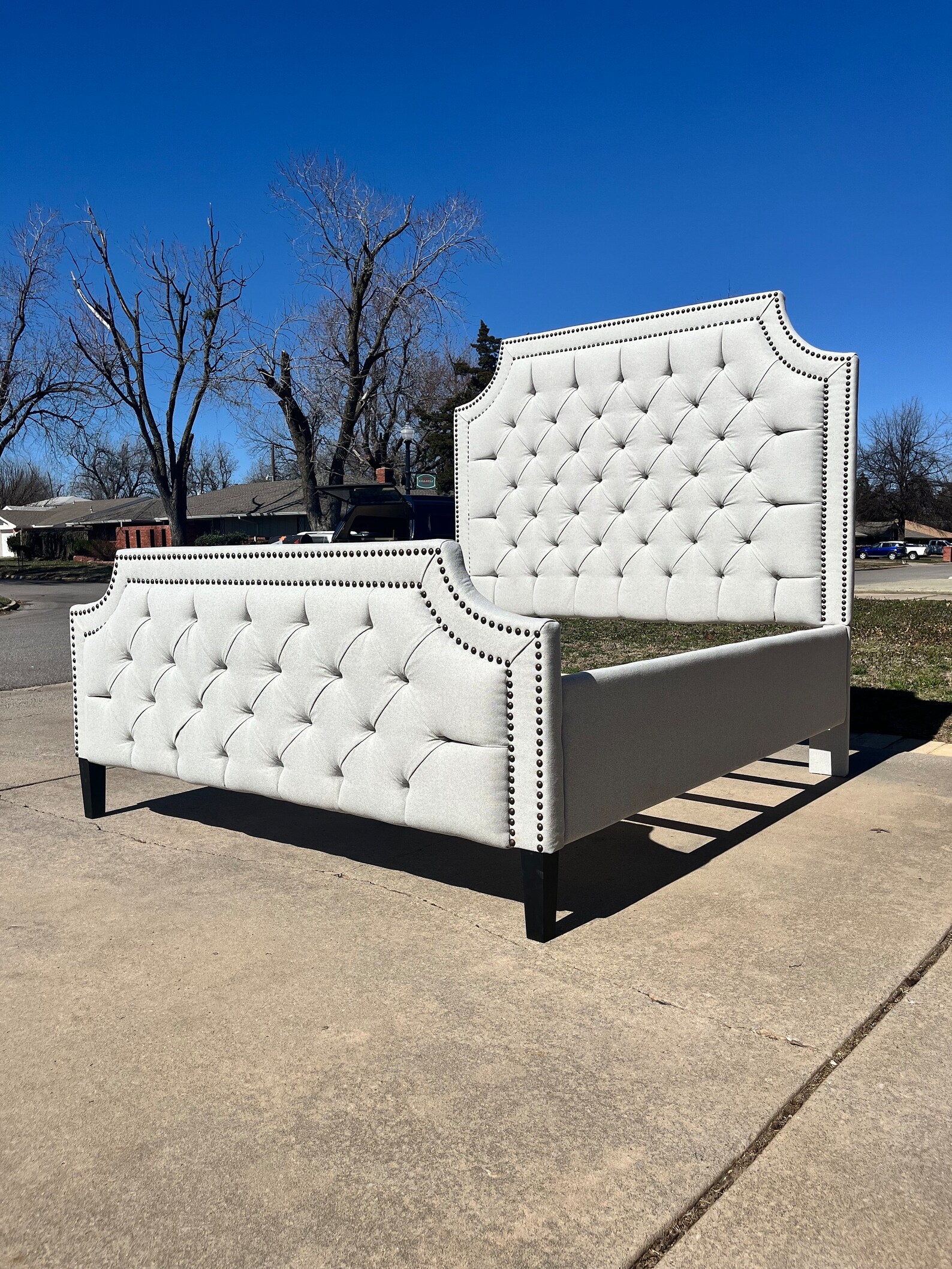 Tufted Linen Farmhouse Bed Frame: Extra Tall Upholstered Headboard ...