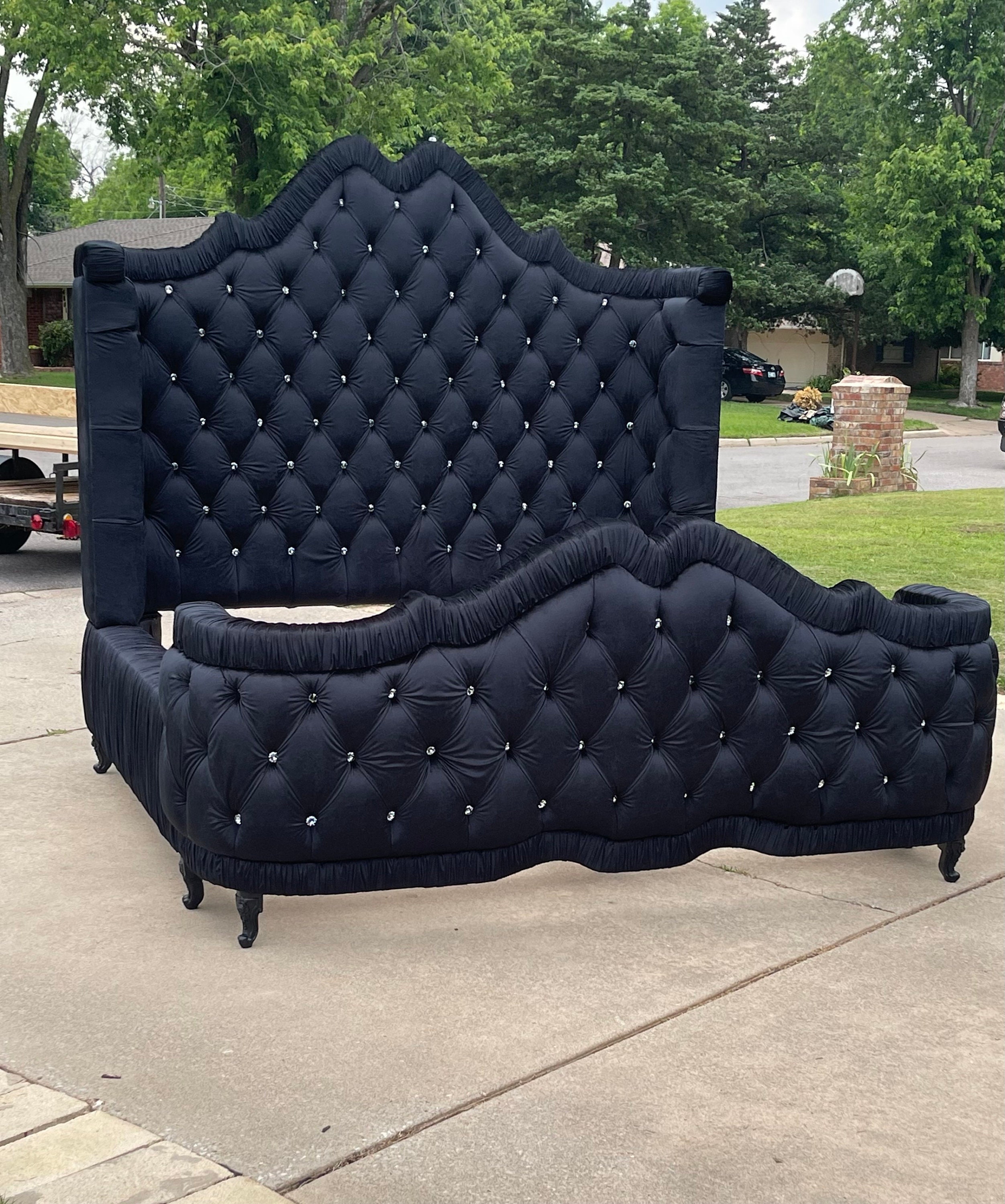 Tall Tufted Bed Frame: Curved French Footboard, Glam Upholstered Rails ...