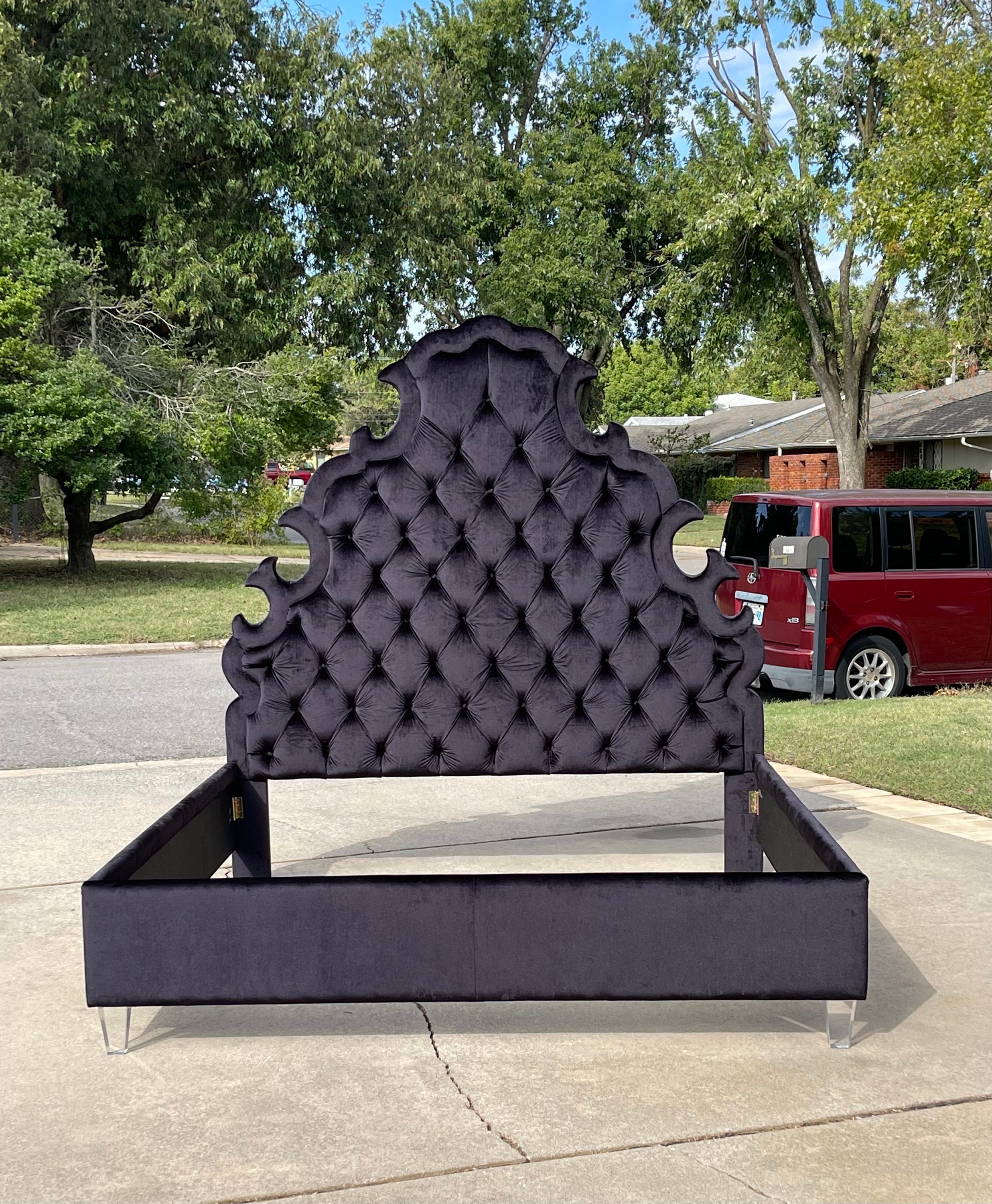 French Pagoda Bed: Tufted Velvet Headboard, Lucite Legs, Custom Made - Etsy