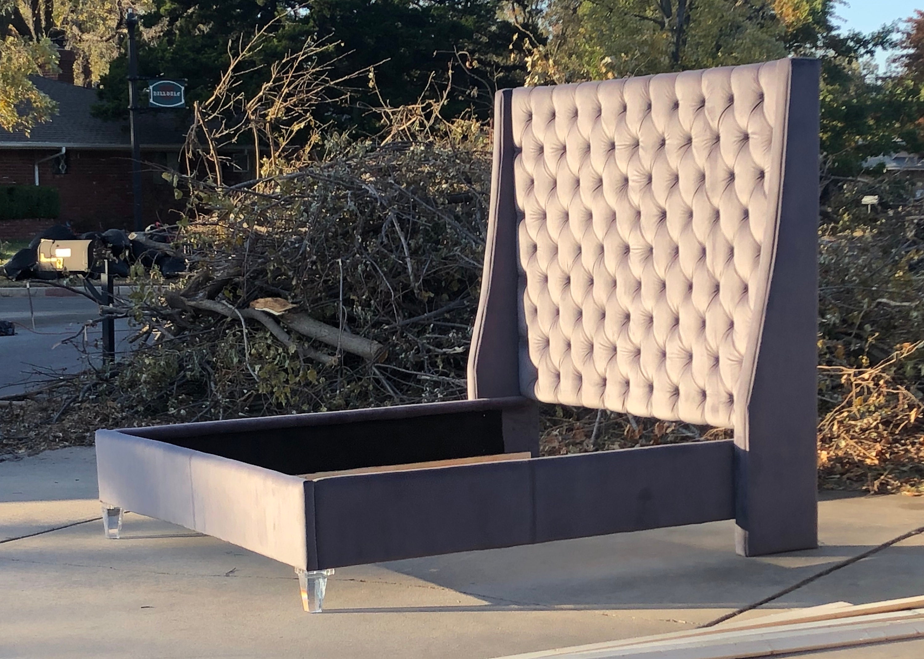 Tufted Upholstered Bed: Tall Wingback Headboard With Lucite Legs - Etsy