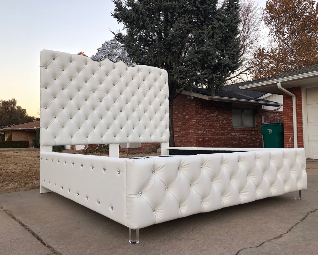 Custom Tufted Tall Headboard Bed Frame Ornate Wood Carving King French ...