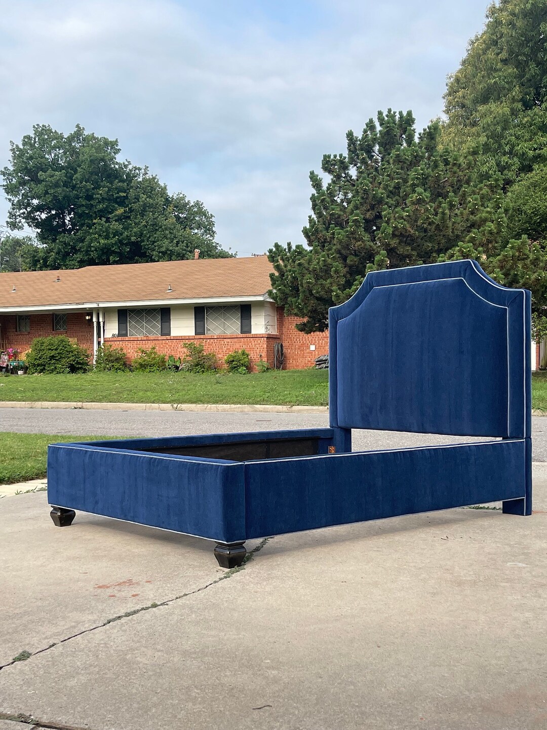 Custom Upholstered Bed Frame: Scalloped Headboard With Contrast Piping ...
