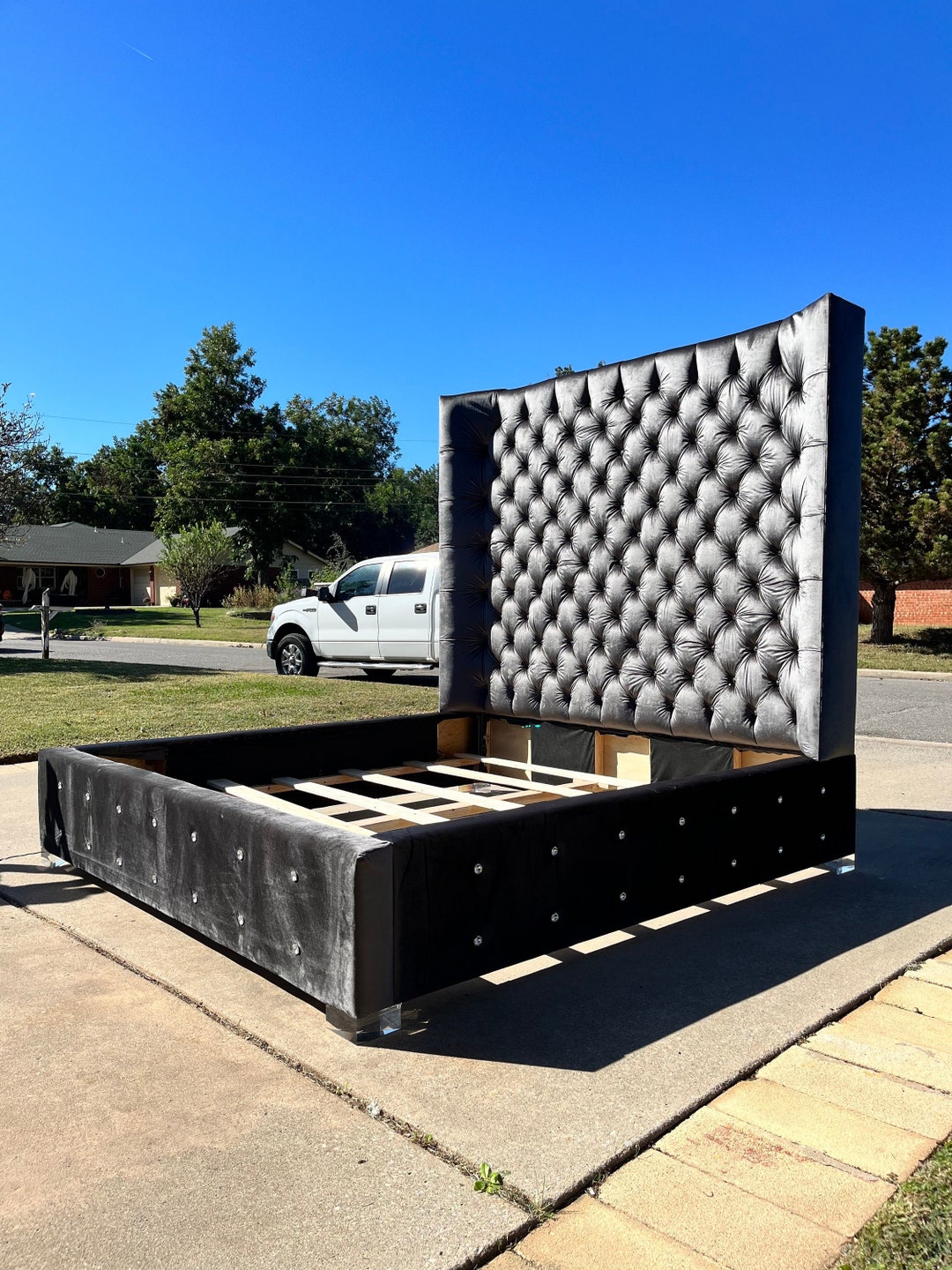 Tall Headboard Diamond Tufted Wingback Lucite Upholstered Bed Frame ...