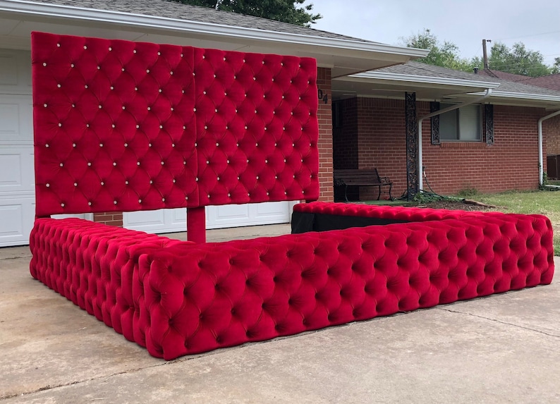 Custom Tufted Velvet Bed Frame: Wide King Platform Bed With Tall ...