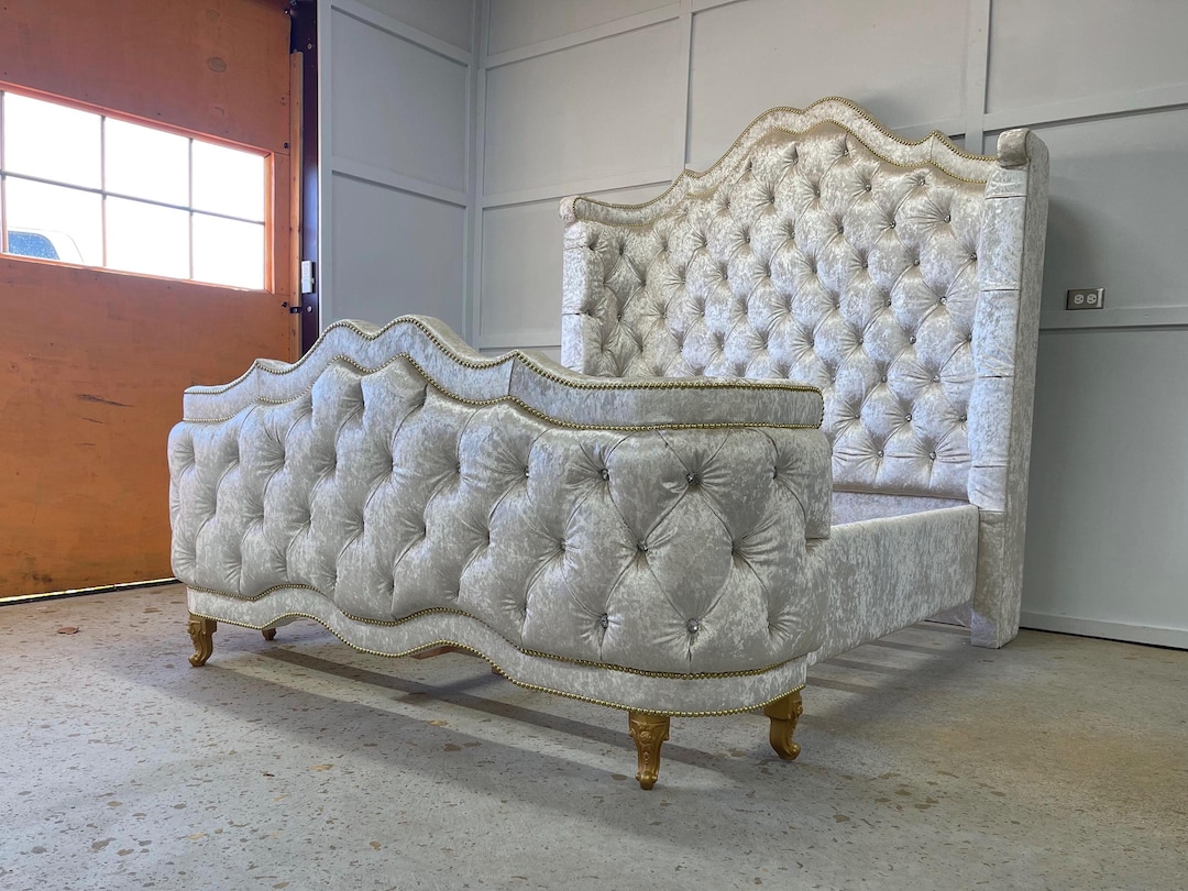 French Tufted Bed Frame: Curved Wing, Upholstered, Custom Fabric - Etsy