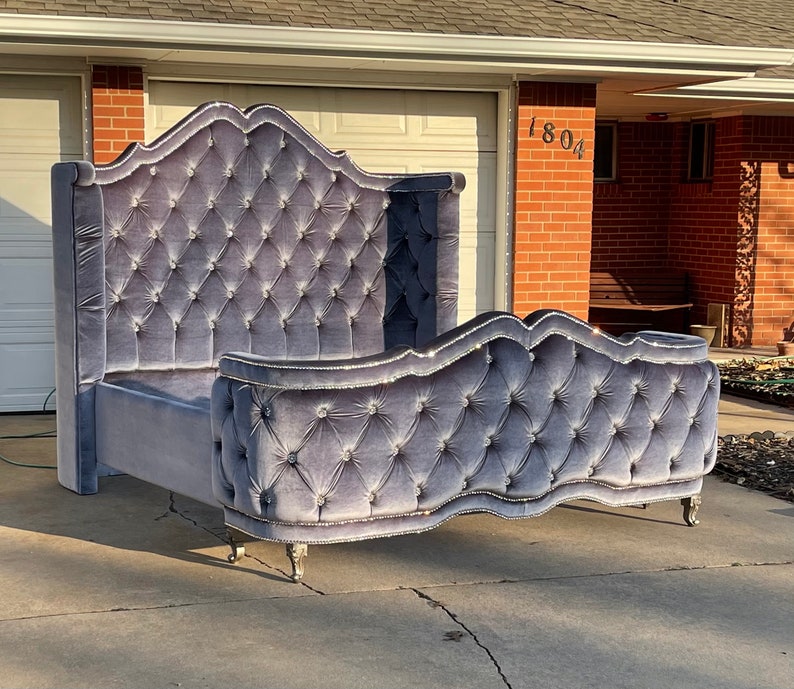 Custom French Velvet Bed Frame: Tall Tufted Headboard With Crystal ...