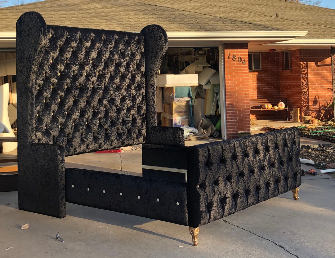 Custom Tufted Velvet Bed: Glam Curvy Wingback With Rhinestone Buttons ...