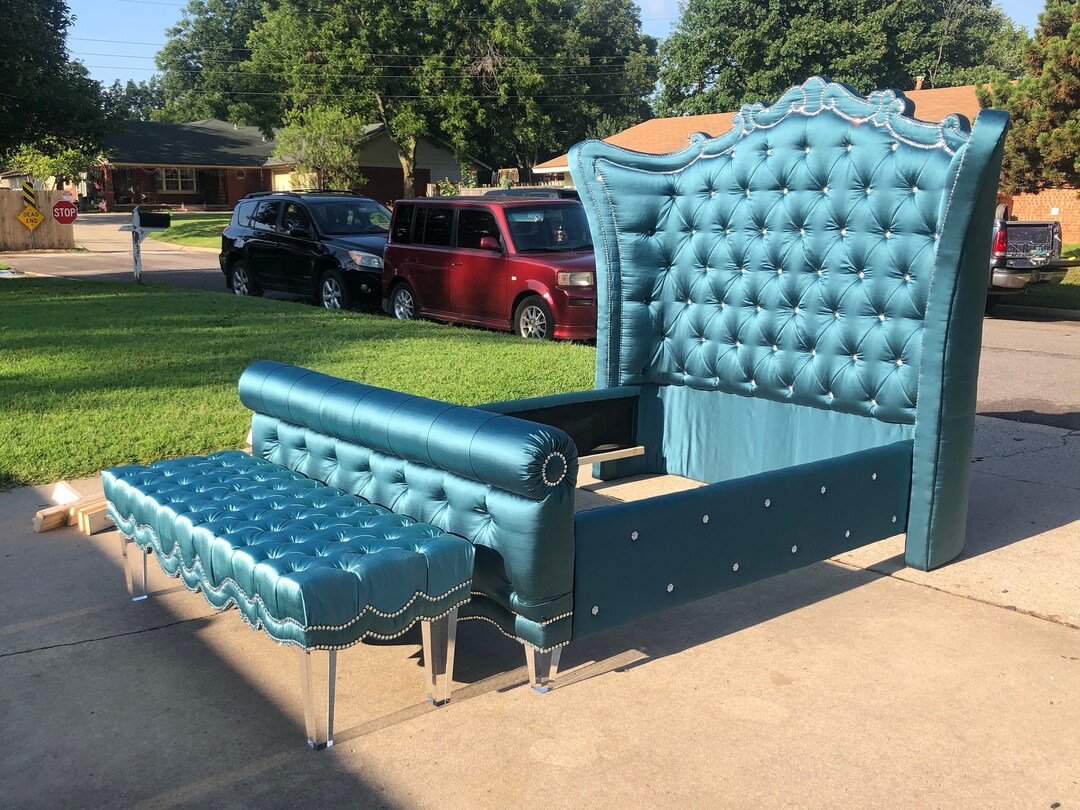 Tall Tufted Headboard Bed Frame: Silk Velvet, Lucite Legs, Glam ...