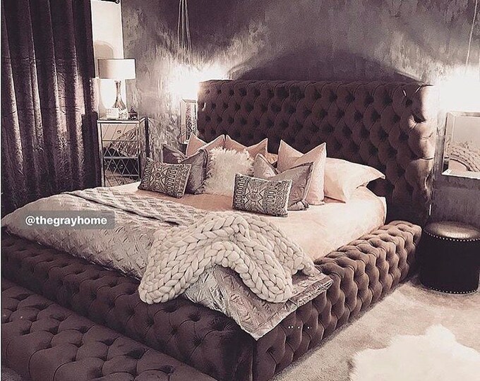 Tufted Velvet Platform Bed King Extra Large Wide Bed Diamond Tufted Bed ...