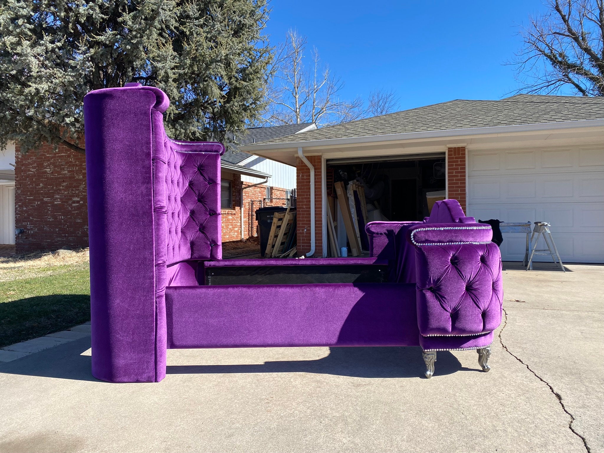 Hand Tufted French Bed: Purple Velvet, Rhinestone Trim, Made to Order ...