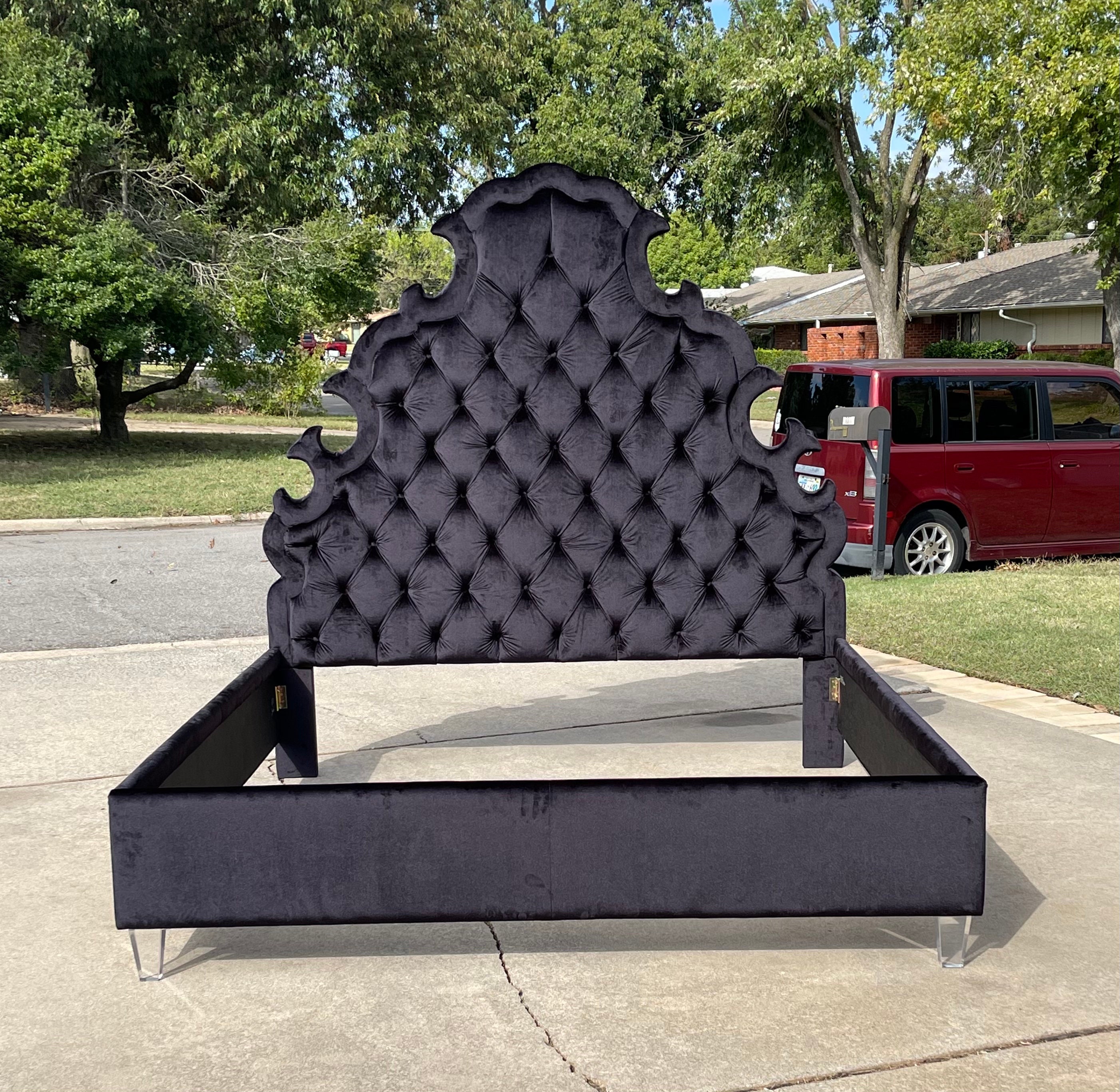 French Pagoda Bed: Tufted Velvet Headboard, Lucite Legs, Custom Made - Etsy
