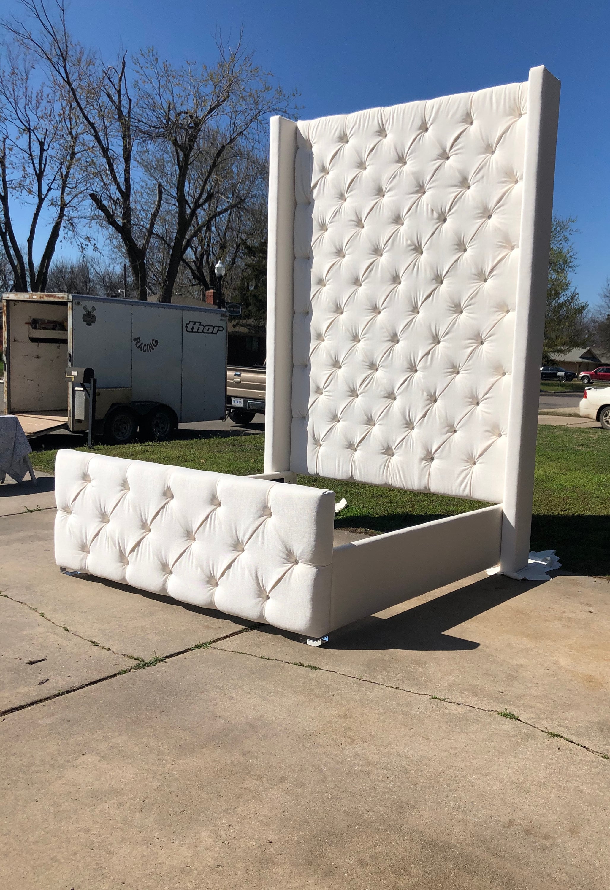 Tall Tufted Headboard Bed Frame: Ivory Chenille, Lucite Legs, Custom ...