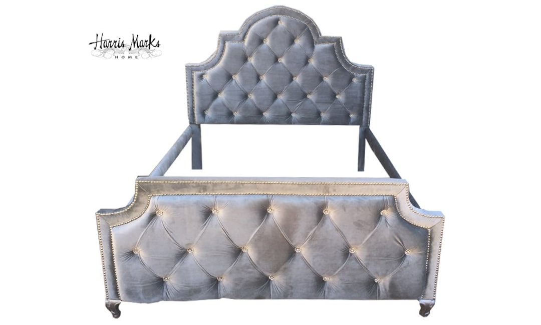 Silver Velvet Tufted Bed: Rhinestone Crystal, Nailhead Trim, Made to ...