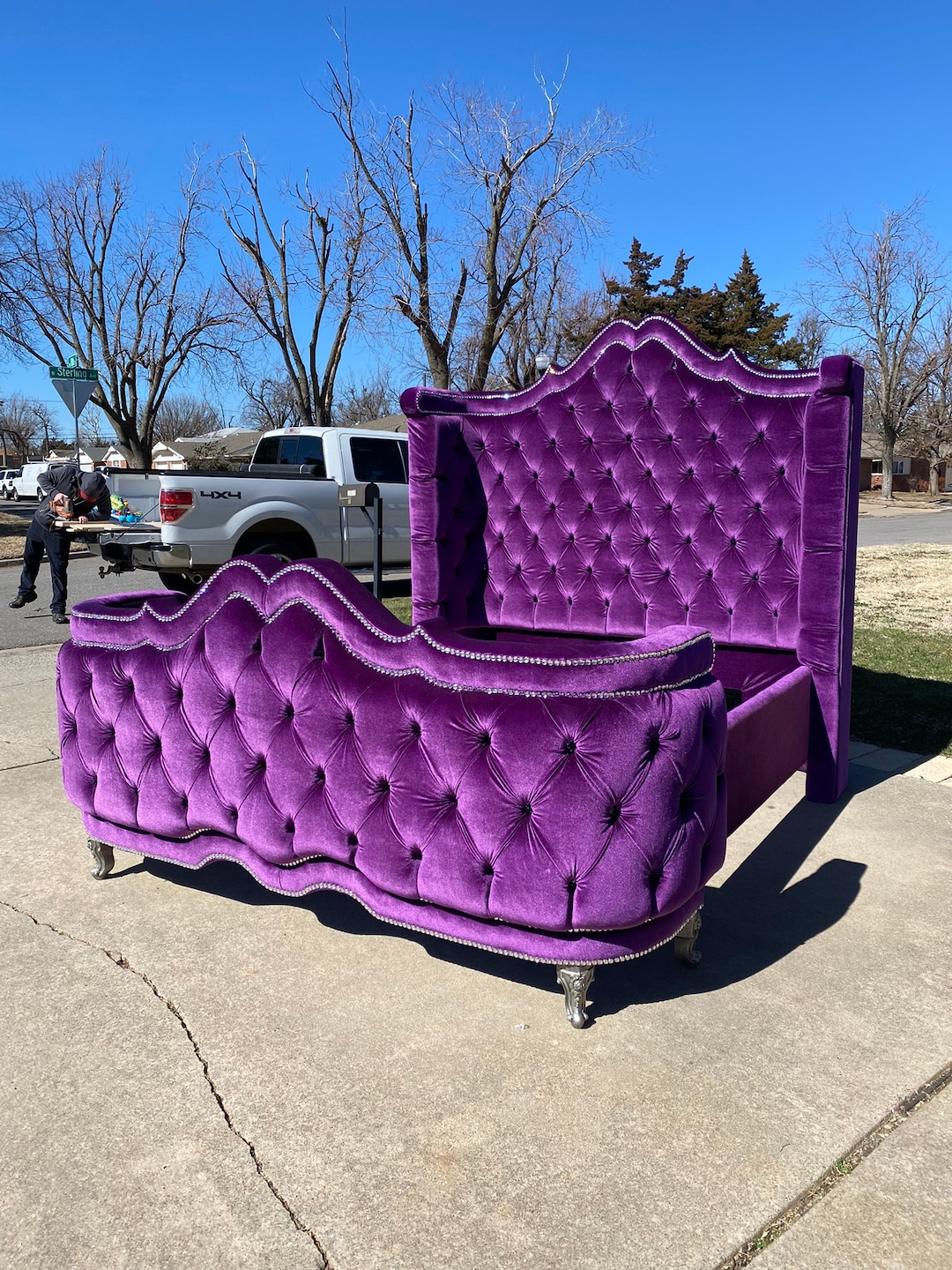 Hand Tufted French Bed: Purple Velvet, Rhinestone Trim, Made to Order ...
