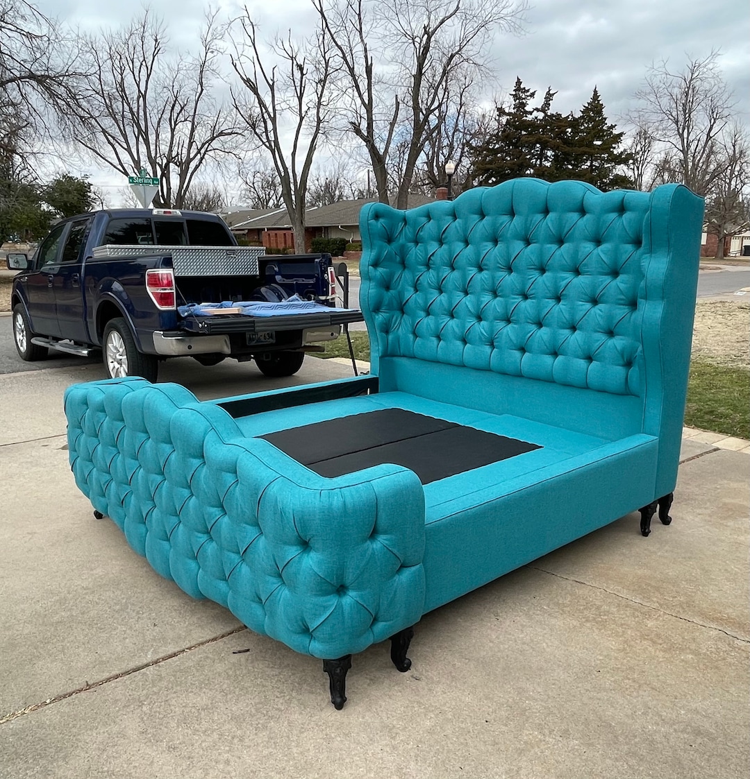 French Curved Tufted Bed Frame: Custom Upholstered Scalloped Footboard ...