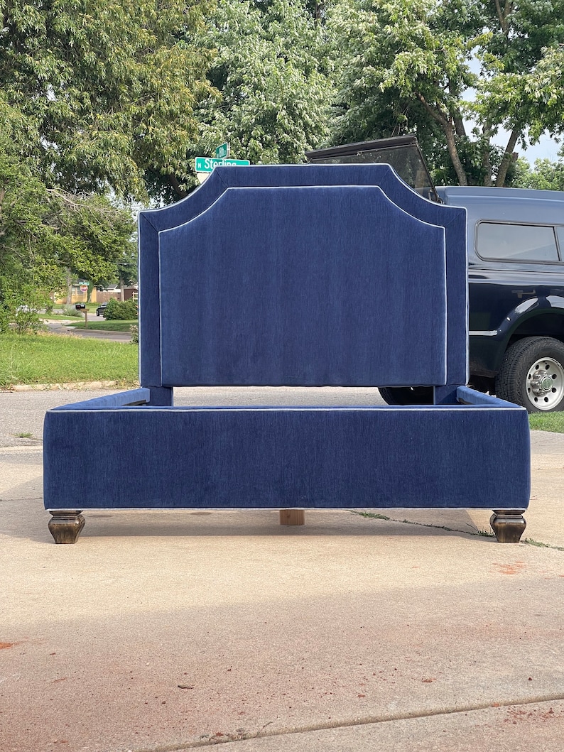 Custom Upholstered Bed Frame: Scalloped Headboard With Contrast Piping ...