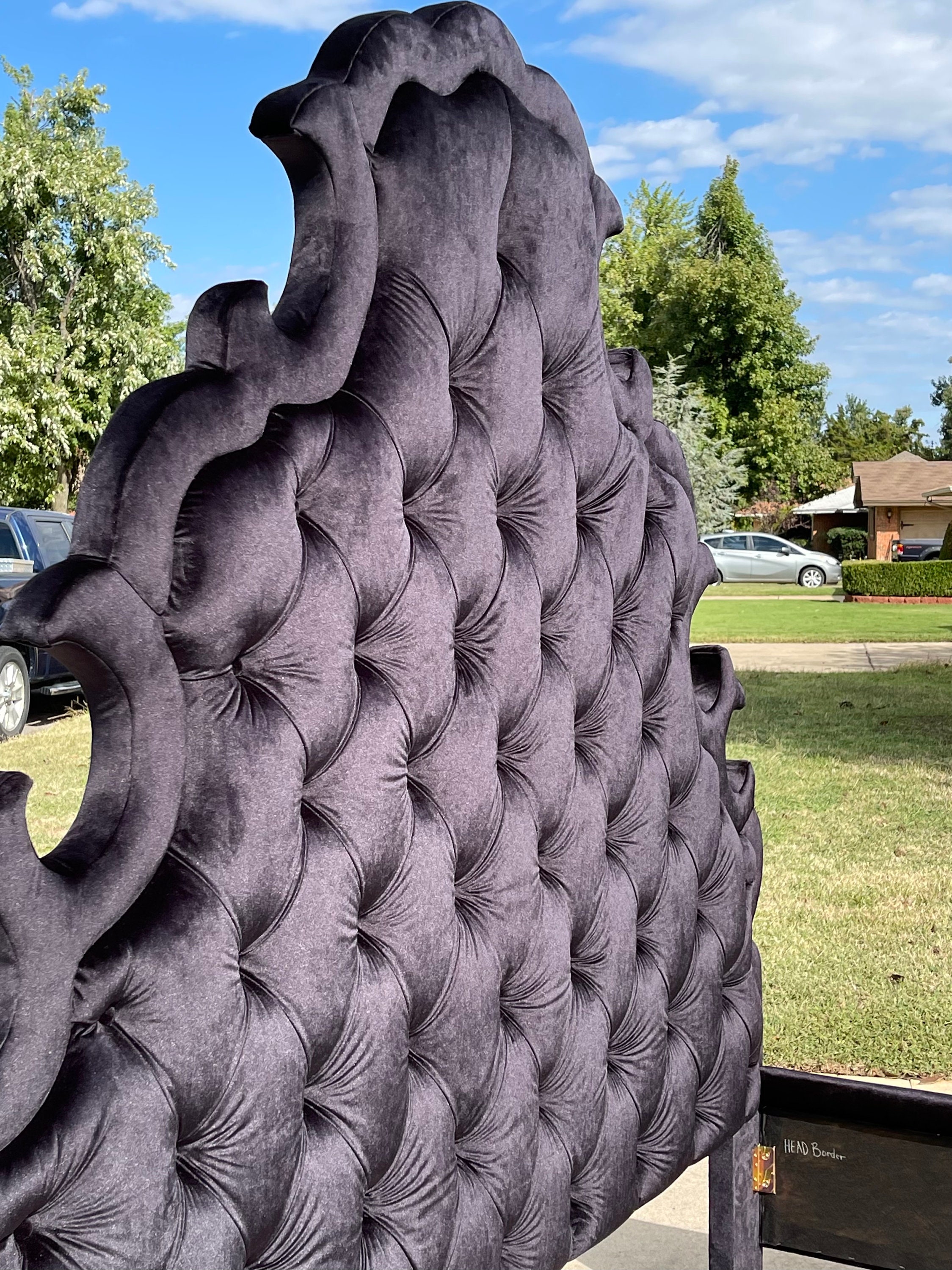 French Pagoda Bed: Tufted Velvet Headboard, Lucite Legs, Custom Made - Etsy