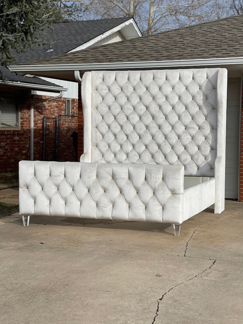 Custom Velvet Tufted Wingback Bed: Glam Lucite Leg Headboard - Etsy
