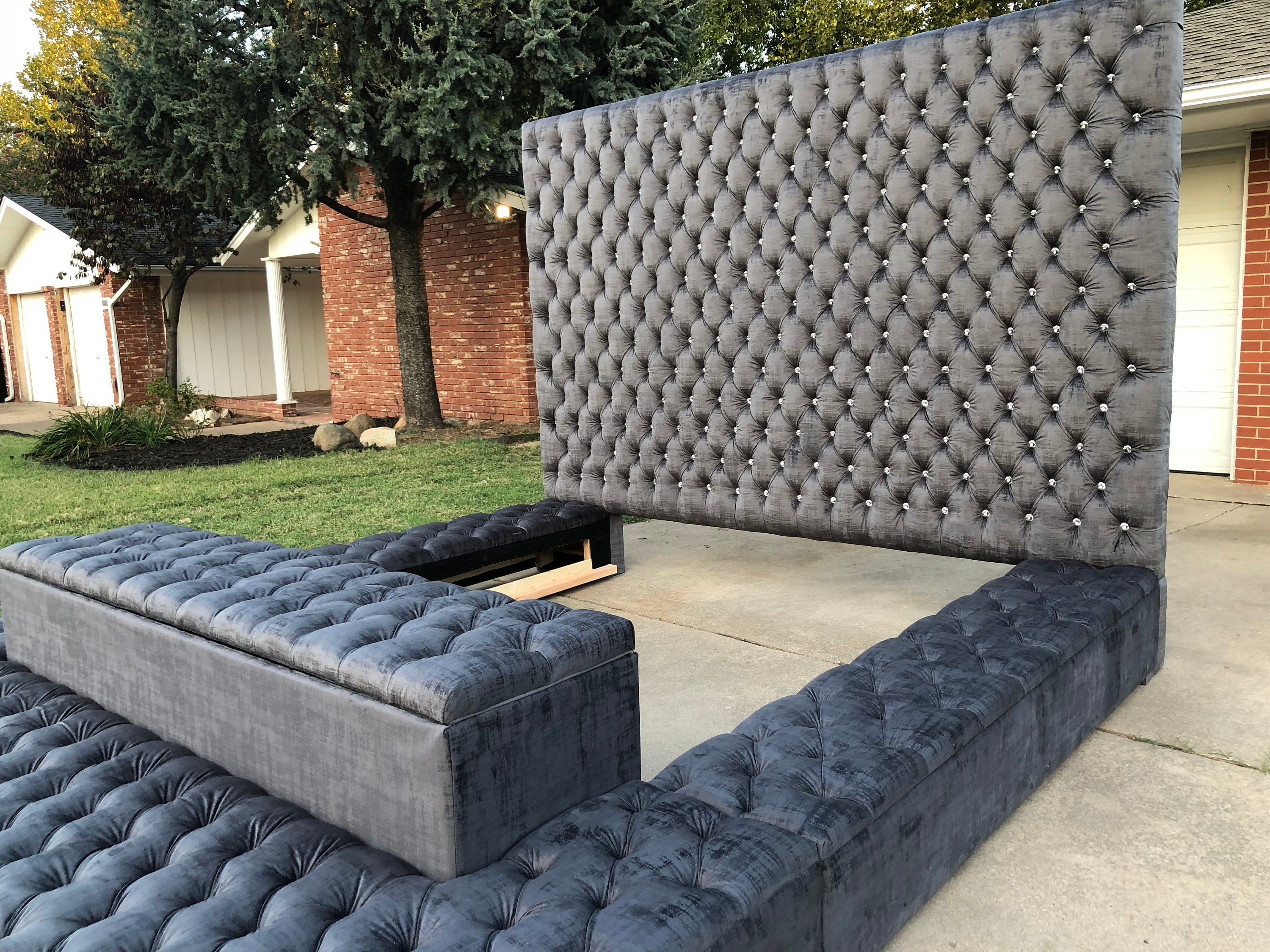 Platform Tufted Velvet Bed Extra Large Wide Diamond California King ...