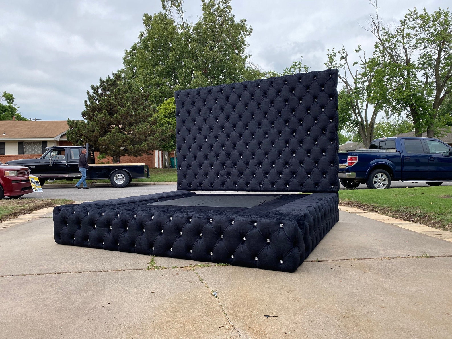 Tufted Platform Bed With Crystal Buttons & Storage Bench - Custom Made ...