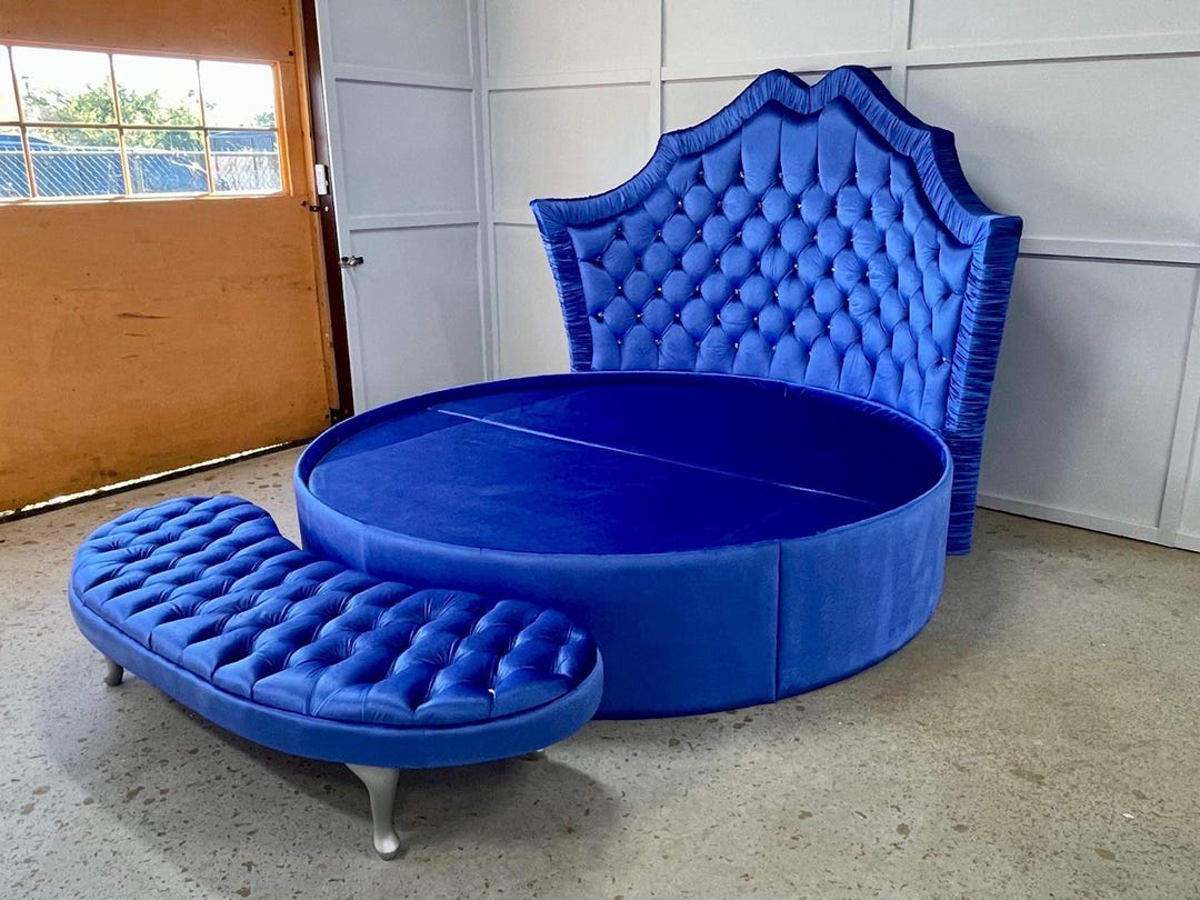 Round Bed Frame Tufted Bench Platform Vintage Velvet Custom Upholstered ...
