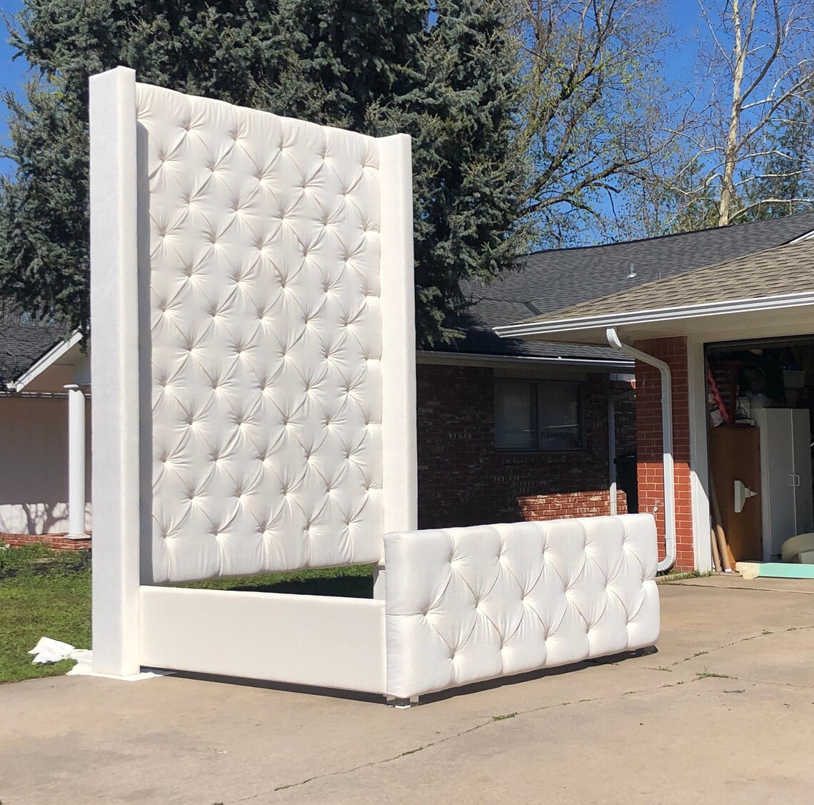Tall Tufted Headboard Bed Frame: Ivory Chenille, Lucite Legs, Custom ...