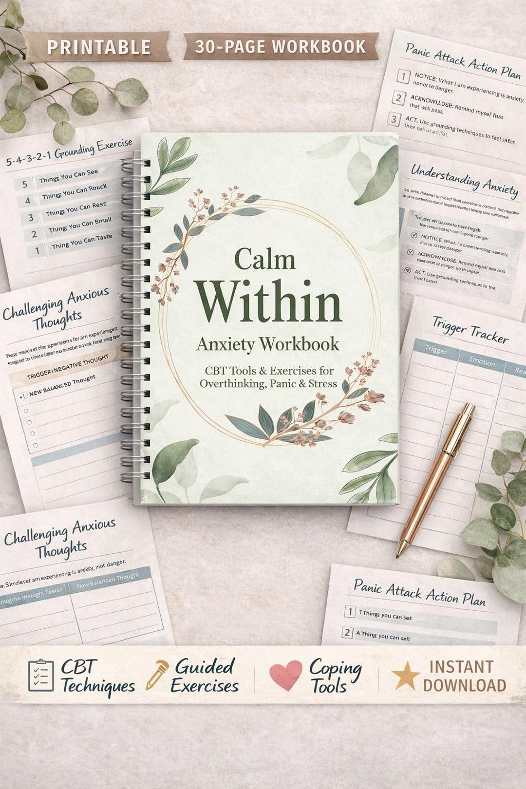 Anxiety Workbook Printable PDF | Worksheets for Overthinking, Panic ...