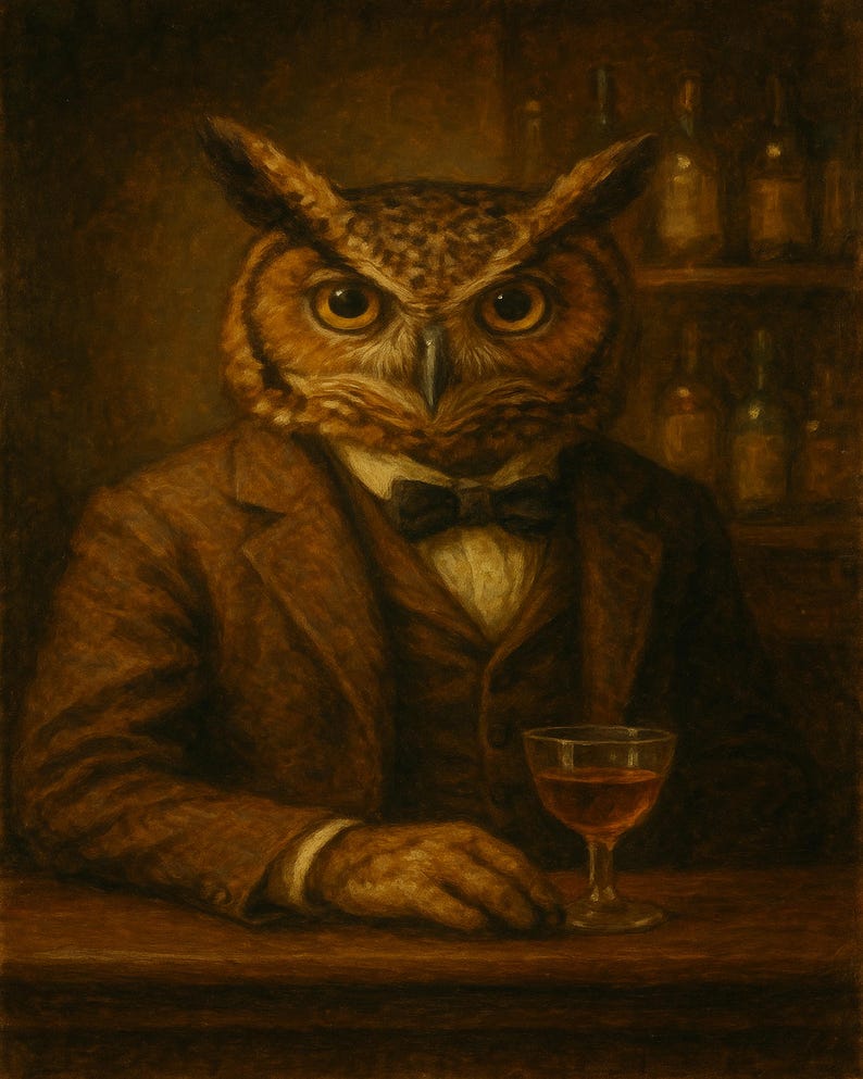 Vintage Owl in a Suit Wall Art | Anthropomorphic Owl Whiskey Print ...