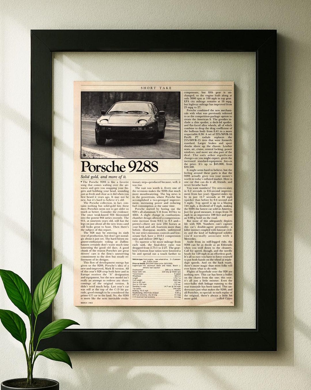 Floating Frame Porsche 928S Original Advertisement Magazine Print Wall ...