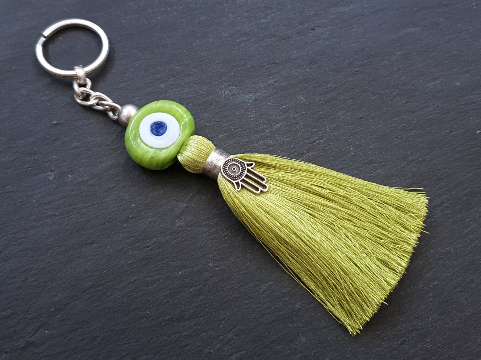 Evil Eye Key Chain, Green Evil Eye, Lime Green Key Chain, Tassel Key ...
