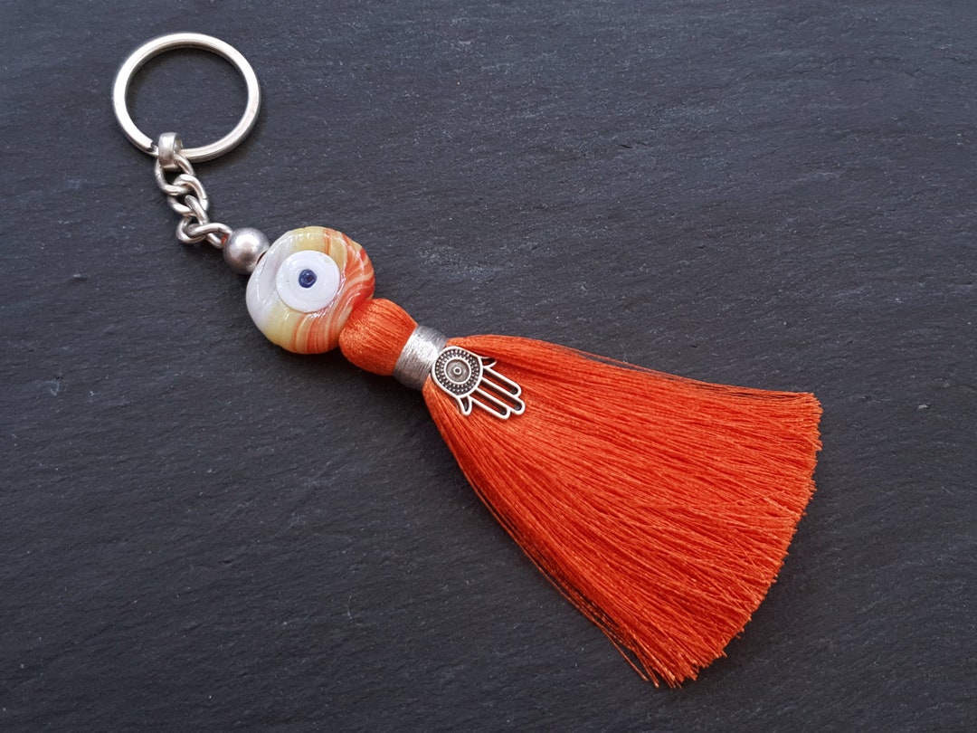 Evil Eye Key Chain, Orange Evil Eye, Orange Key Chain, Tassel Key Chain ...