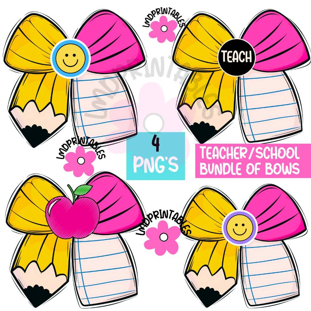 Teacher Pencil Paper Bow PNG Bundle, Back to School Png Teacher ...