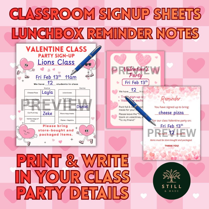Valentine’s Day Classroom Party Kit Printable | Parent Sign up Sheets ...