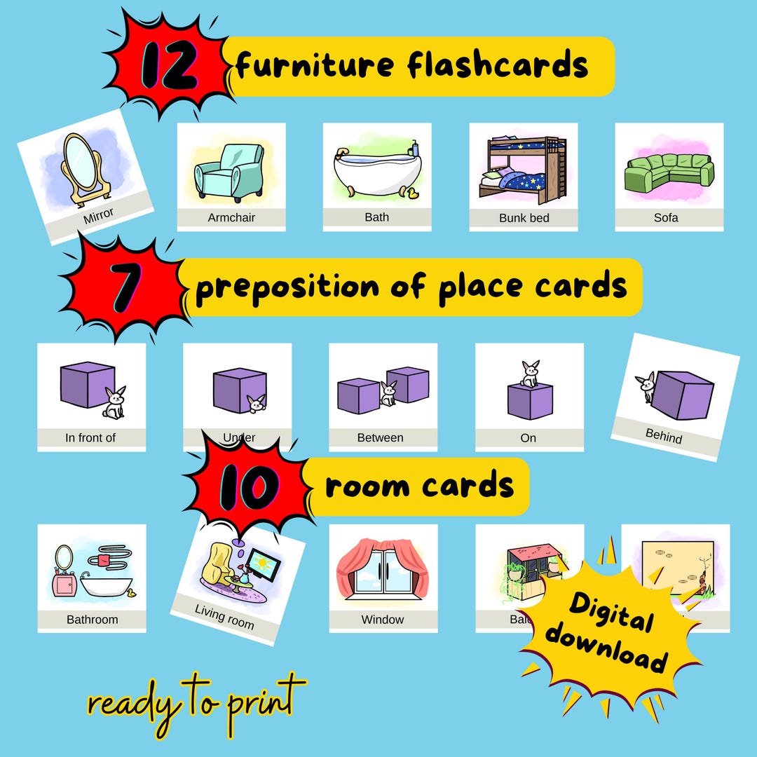 12 Furniture Flashcards, 7 Preposition of Place Cards, 10 Room Cards ...